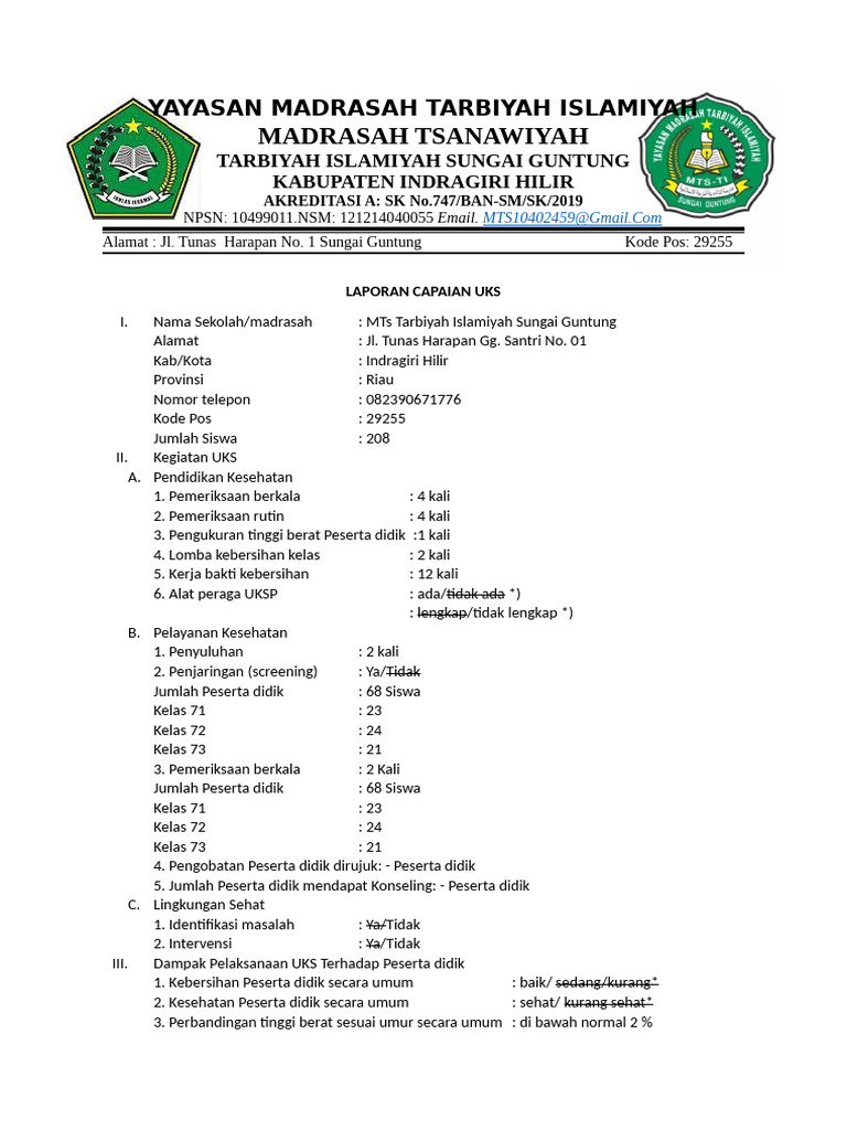 Laporan Capaian UKS MTs-TI 2024 | PDF