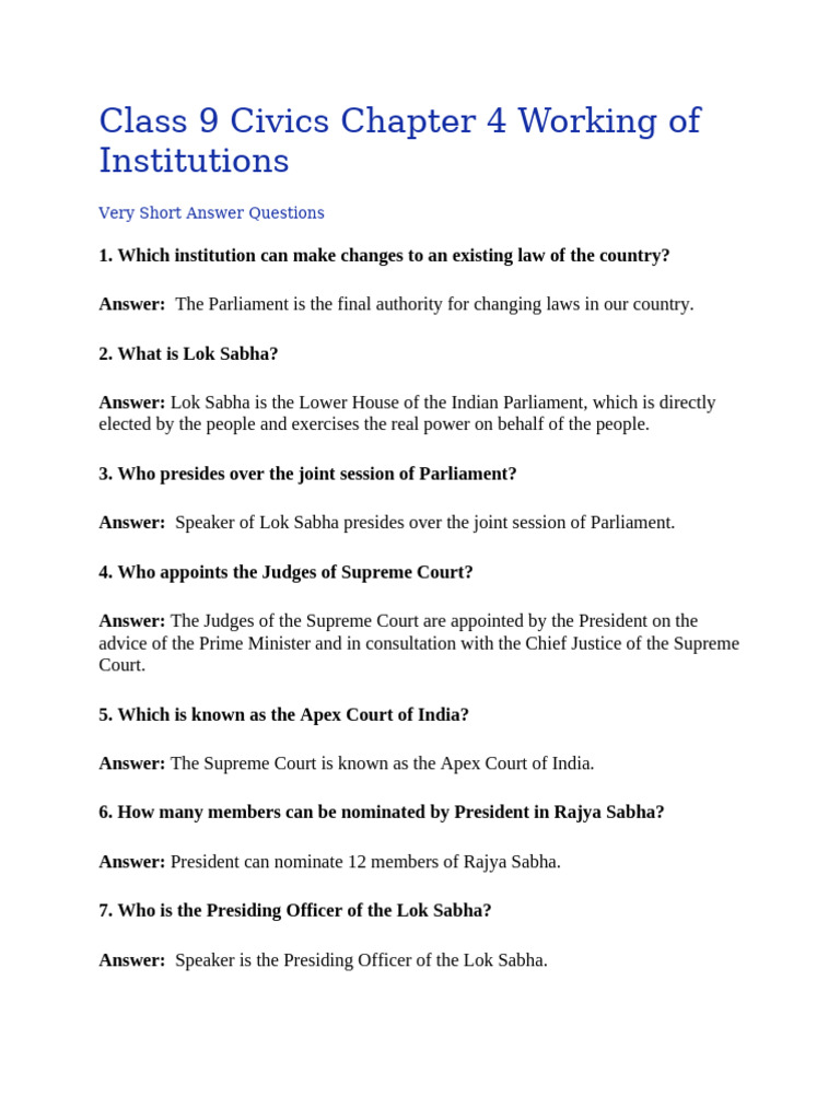 Class 9 Civics: Institutions Overview | PDF | Government Institutions ...