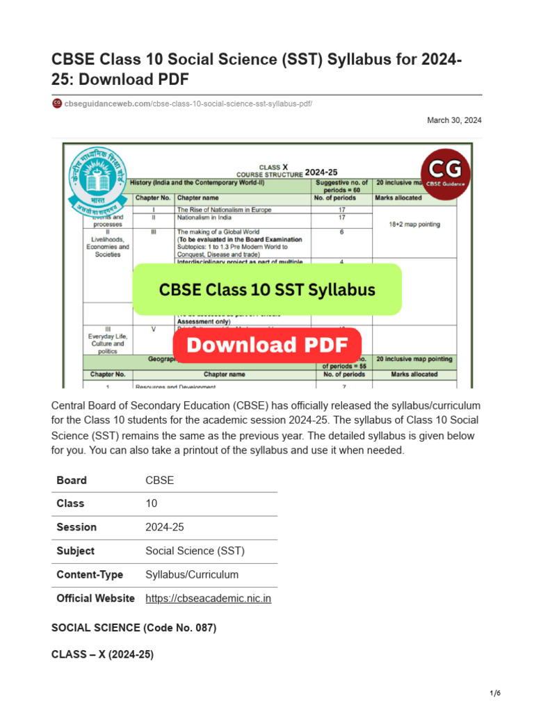 CBSE Class 10 Social Science SST Syllabus For 2024 25 Download PDF ...