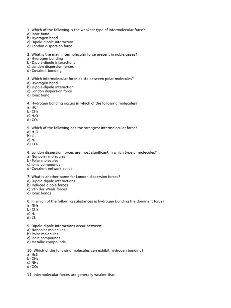 Intermolecular Forces Quiz Questions | PDF | Intermolecular Force ...