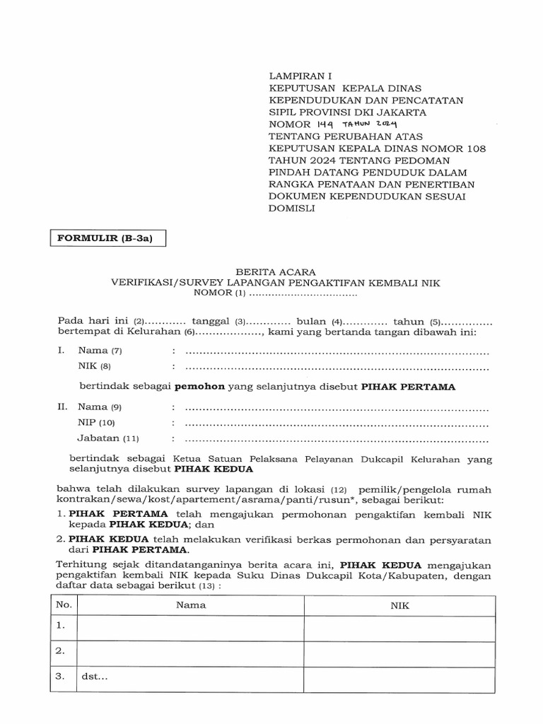 SK Kadis 144 Tahun 2024 Perubahan 108 Pedoman Penataan NIK | PDF