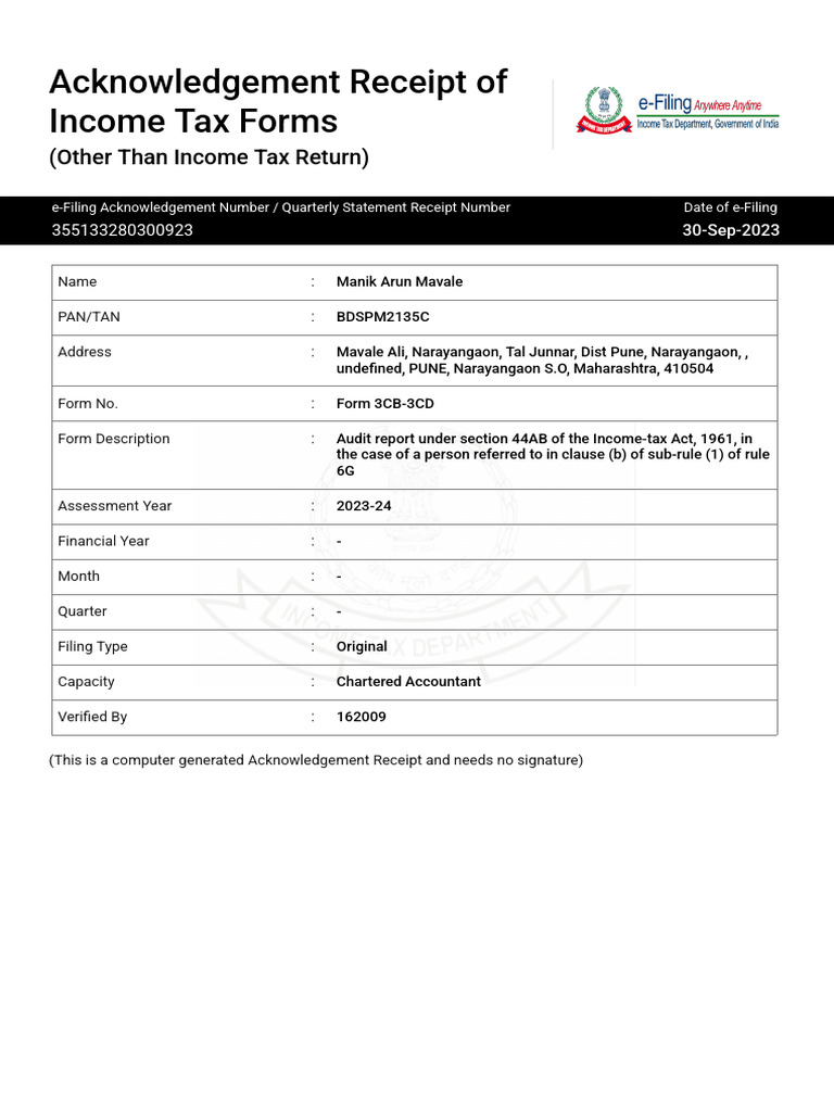 Income Tax Acknowledgement Receipt 2023 | PDF | Payments | Expense