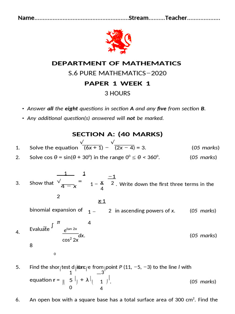 S6 Mathematics Paper 1 Exam BUDO | PDF | Mathematics | Equations