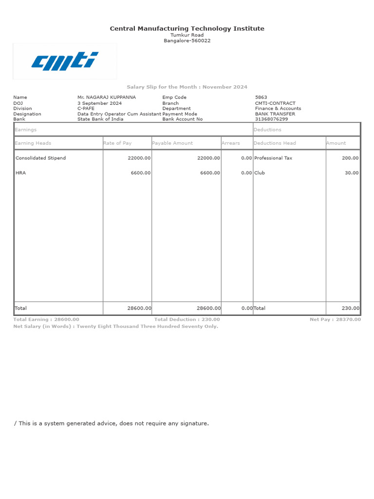 November 2024 Salary Slip for Nagaraj | PDF