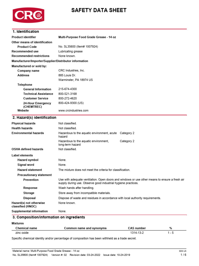 Sds - En-1007924 Multi Purpose Grease Food Grade CRC | PDF | Dangerous Goods | Waste
