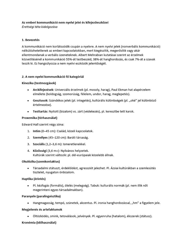 Tétel Az Emberi Kommunikáció Nem Nyelvi Jelei És Kifejezőeszközei | PDF