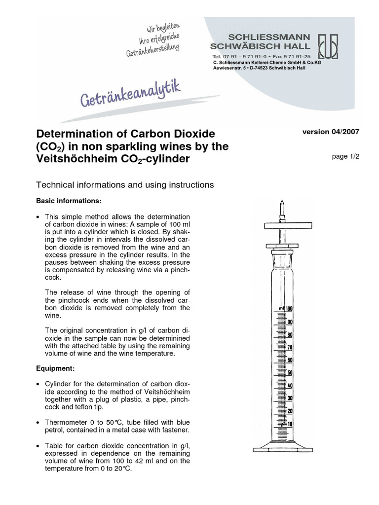 Determination of Carbon Dioxide Co2 in Non Sparkling Wines by The Veitshoechheim Co2-Cylinder ...