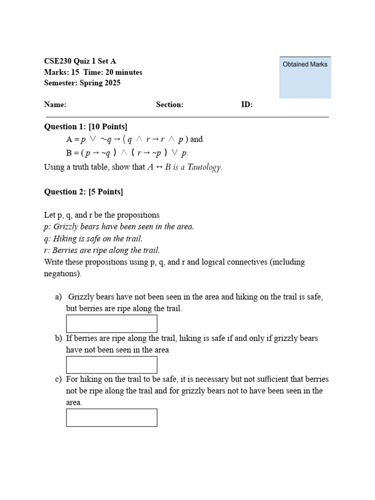 Quiz 1 Propositional Logic | PDF | Syntax (Logic) | Formalism (Deductive)