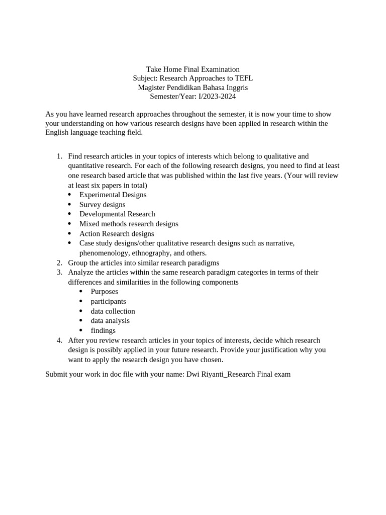 Take Home Final Exam Research Approaches | PDF
