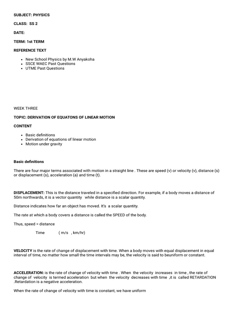 Derivation of Equatons of Linear Motion | PDF | Acceleration | Velocity