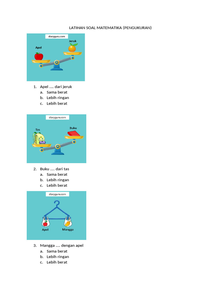 Soal Pengukuran Satuan Baku dan Tidak Baku | PDF
