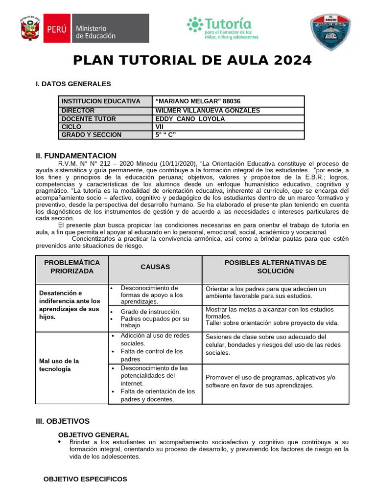 Plan de Tutoría 2024 para 5° "C" | PDF | Las emociones | Plan de estudios