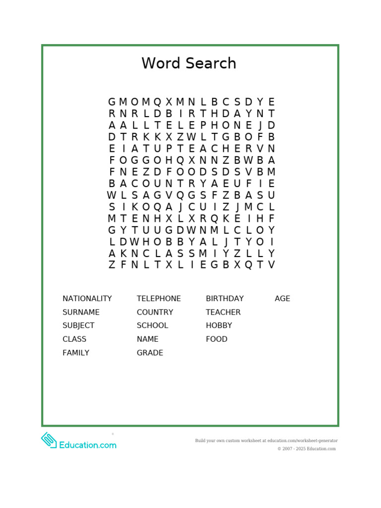 Word Search: Nationality Telephone Birthday AGE Surname Country Teacher ...