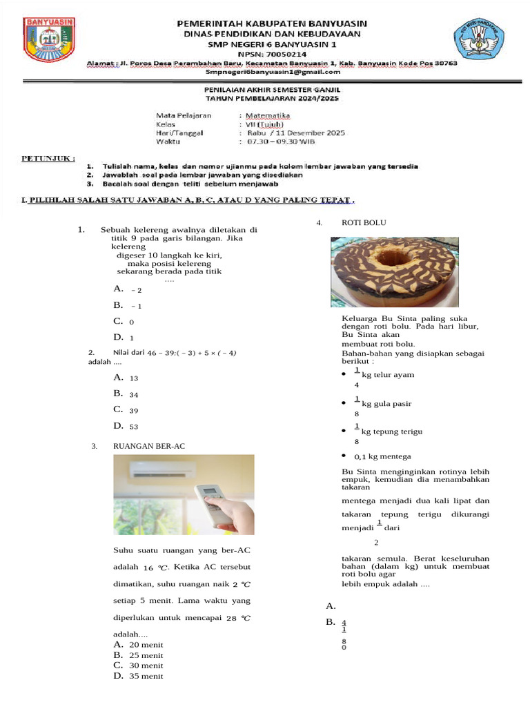 Soal MTK KLS 7 S1 | PDF
