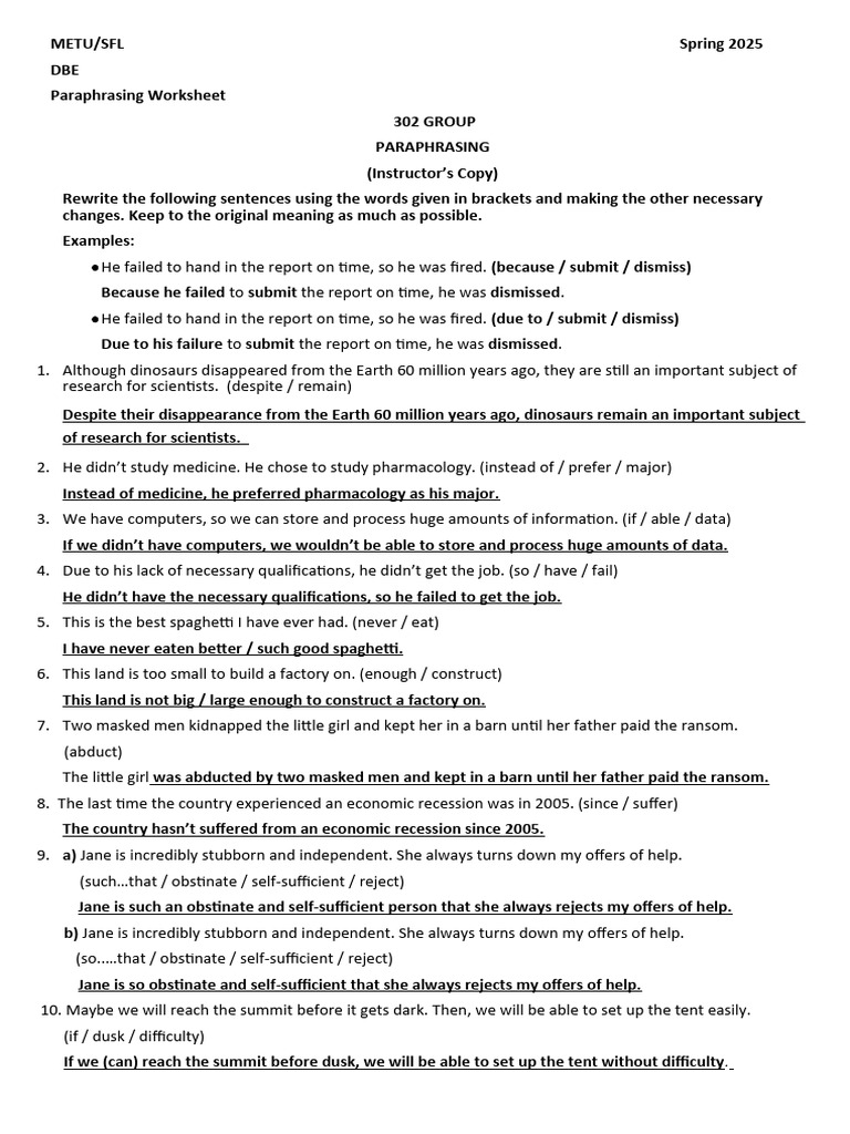 Paraphrasing Worksheet Exercises | PDF
