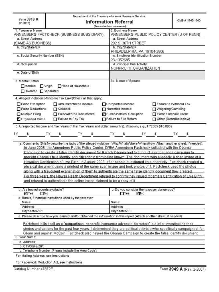 IRS Form F3949A | Internal Revenue Service | Social Security Number