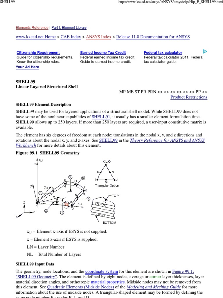 CAE Index Release 11.0 Documentation For ANSYS: Shell99 Linear Layered Structural Shell | PDF ...
