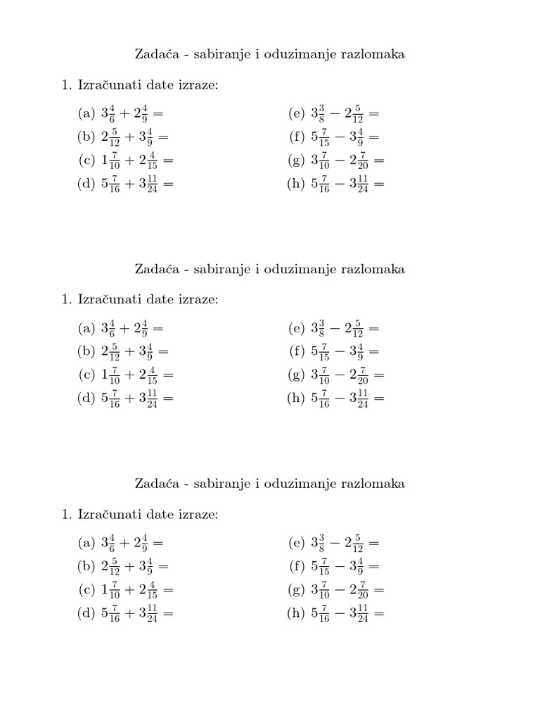 Zadaca 6 - Sabiranje i oduzimanje razlomaka | PDF