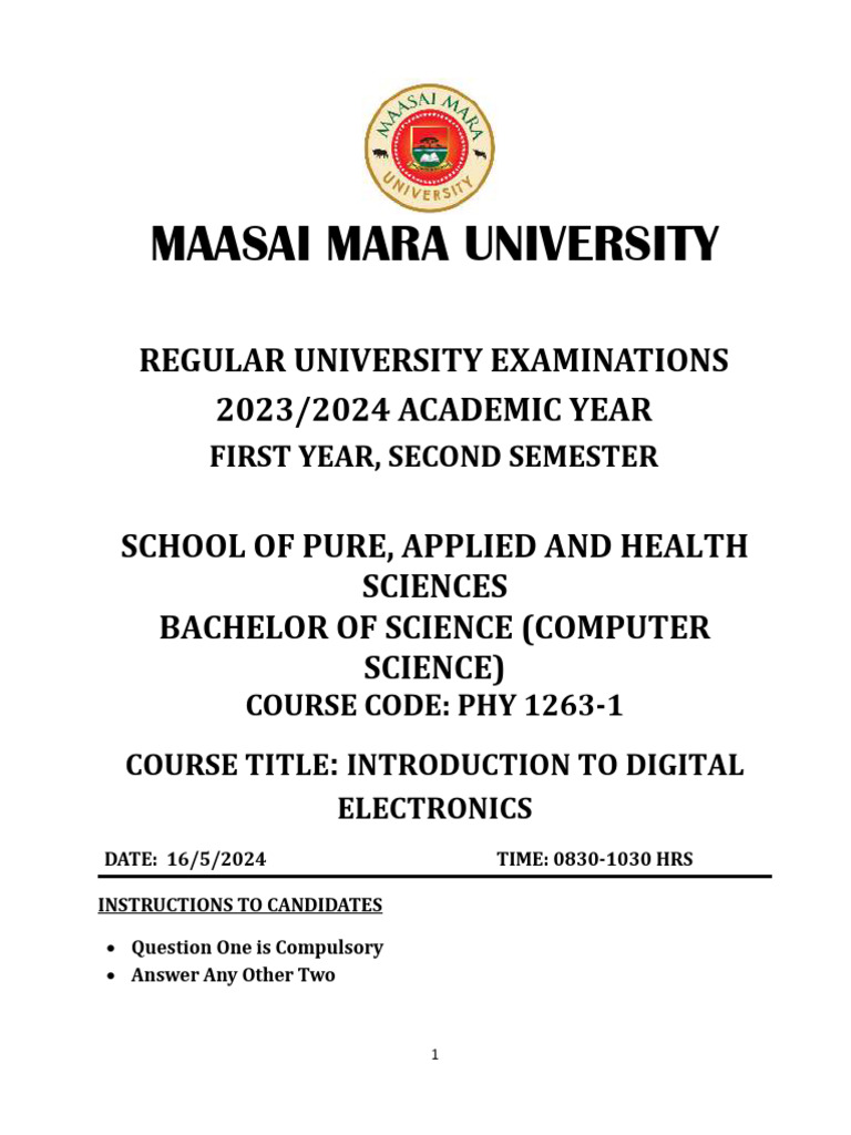 PHY 1263-1 INTRODUCTION TO DIGITAL ELECTRONICS Exam 2023-2024 (For B.Sc. Computer Science) | PDF ...