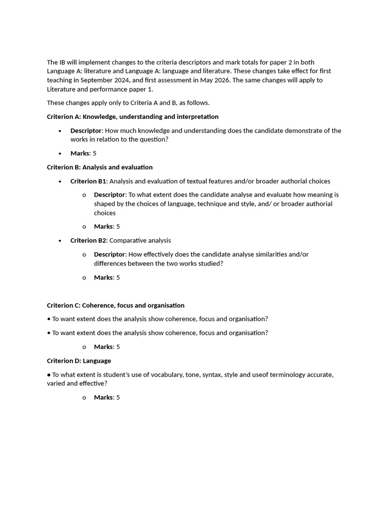 IB English Paper 2 Rubric Changes 2024 | PDF