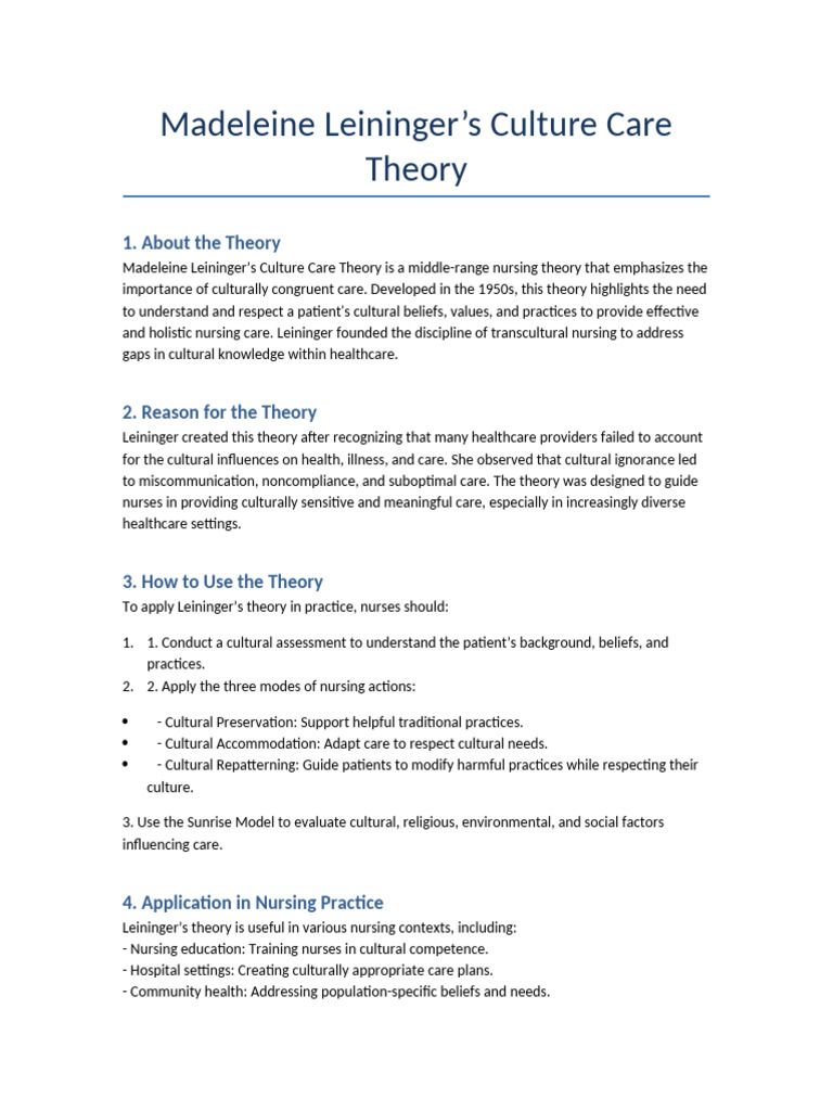 Leininger Culture Care Theory | PDF | Health Care
