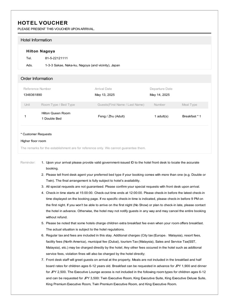 Hilton Nagoya Hotel Voucher Details | PDF | Hotel | Fee