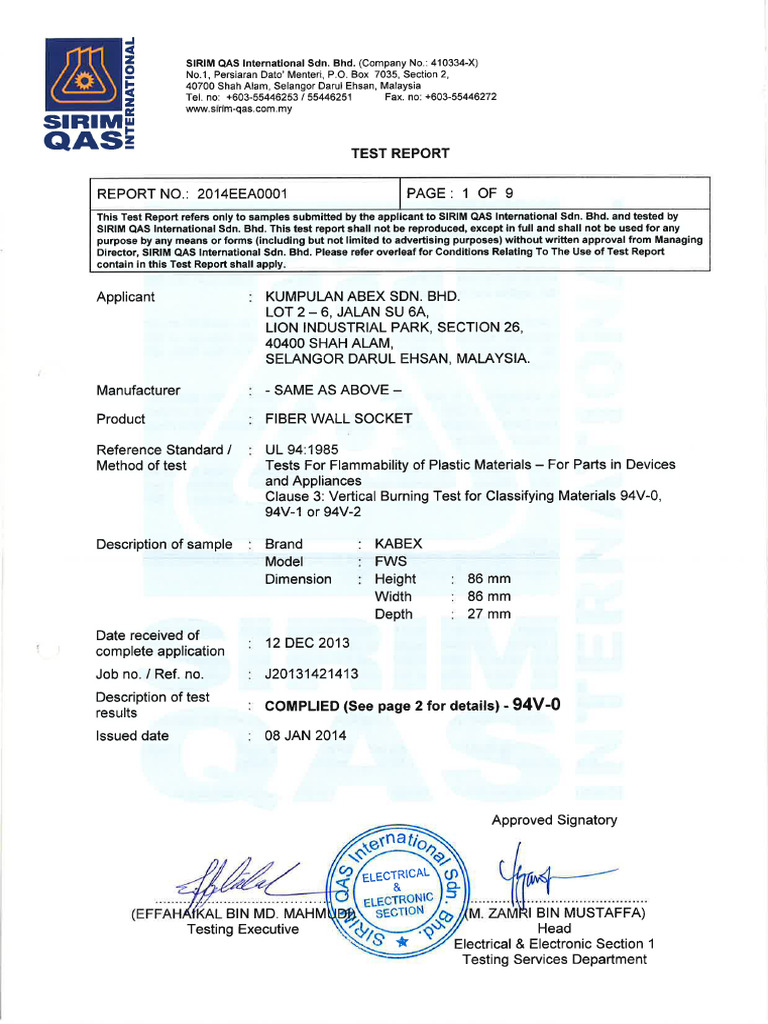 03b Fiber Wall Socket (SIRIM) | PDF
