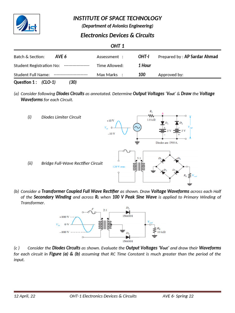 OHT 1 - Electronics Devices & Circuits - AVE 6 - 12 April, 22 | PDF | Rectifier | Electrical Network