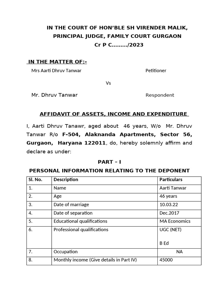 Aarti Income and Expense Affidavit | PDF | Employee Benefits | Expense