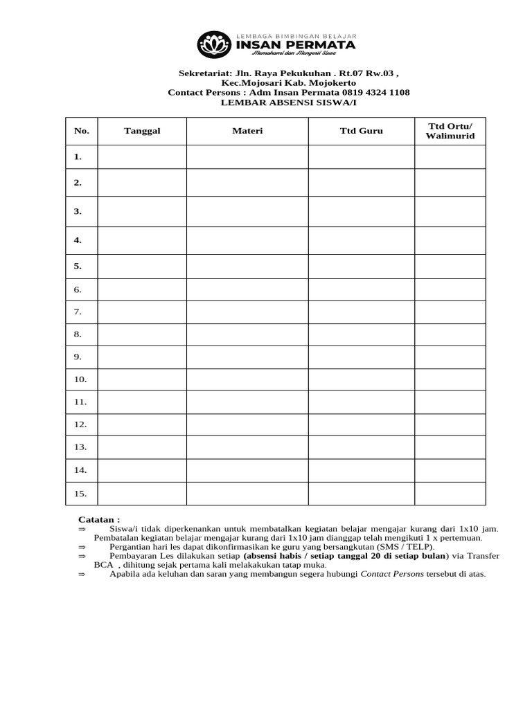 Lembar Absensi Siswa Les Mojosari | PDF