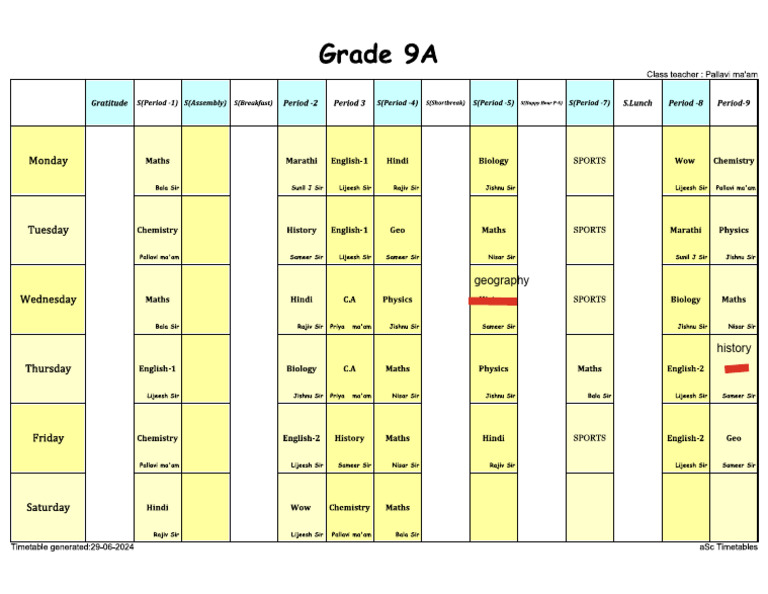 Grade 9A Timetable W.E.F 1st July | PDF