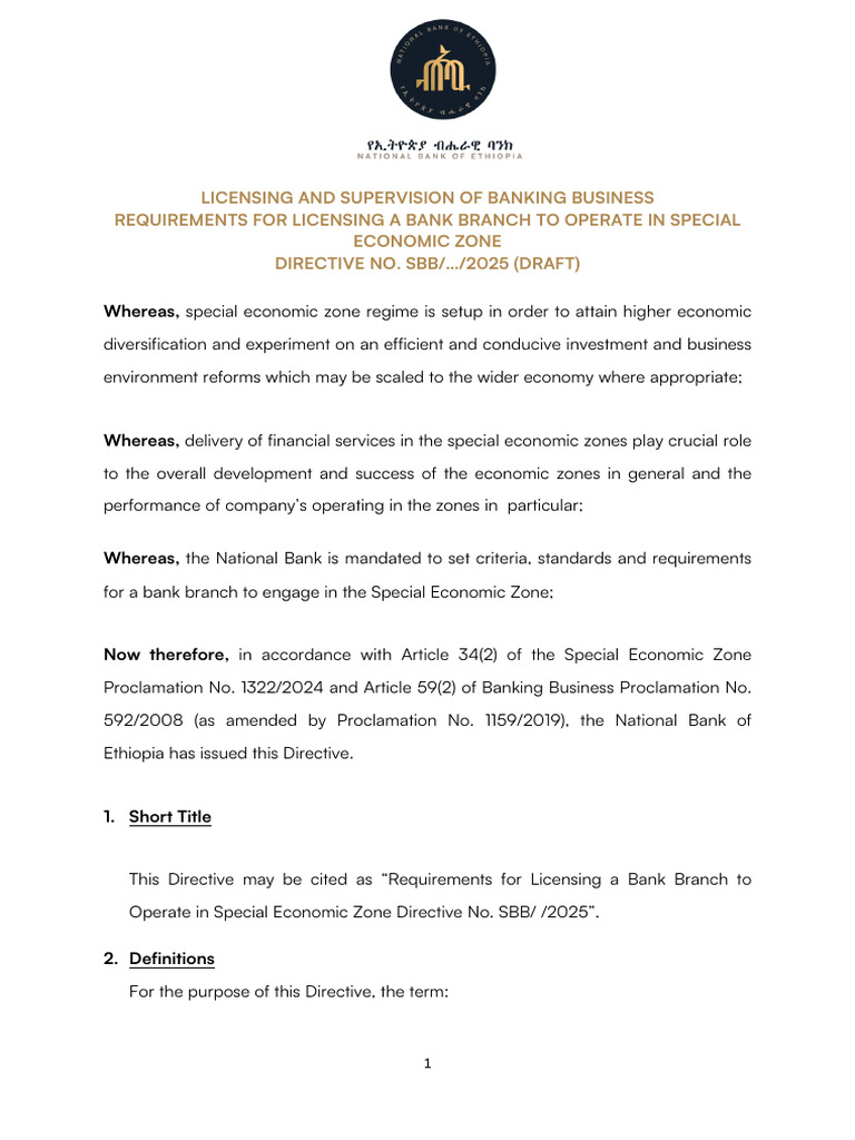 Requirement For Banking License To Operate in A SEZs Draft Directive | PDF | Banks | Capital ...