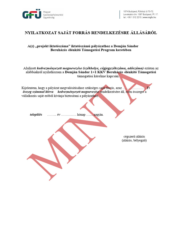 Egypluszegy-Program Nyilatkozat Sajat Forras Rendelkezesre Allasrol | PDF