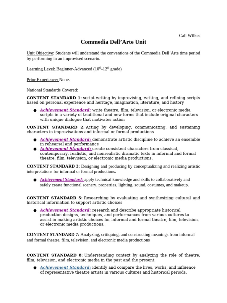 Commedia DellArte Unit of Lessons - Cali Wilkes | PDF | Commedia Dell'arte