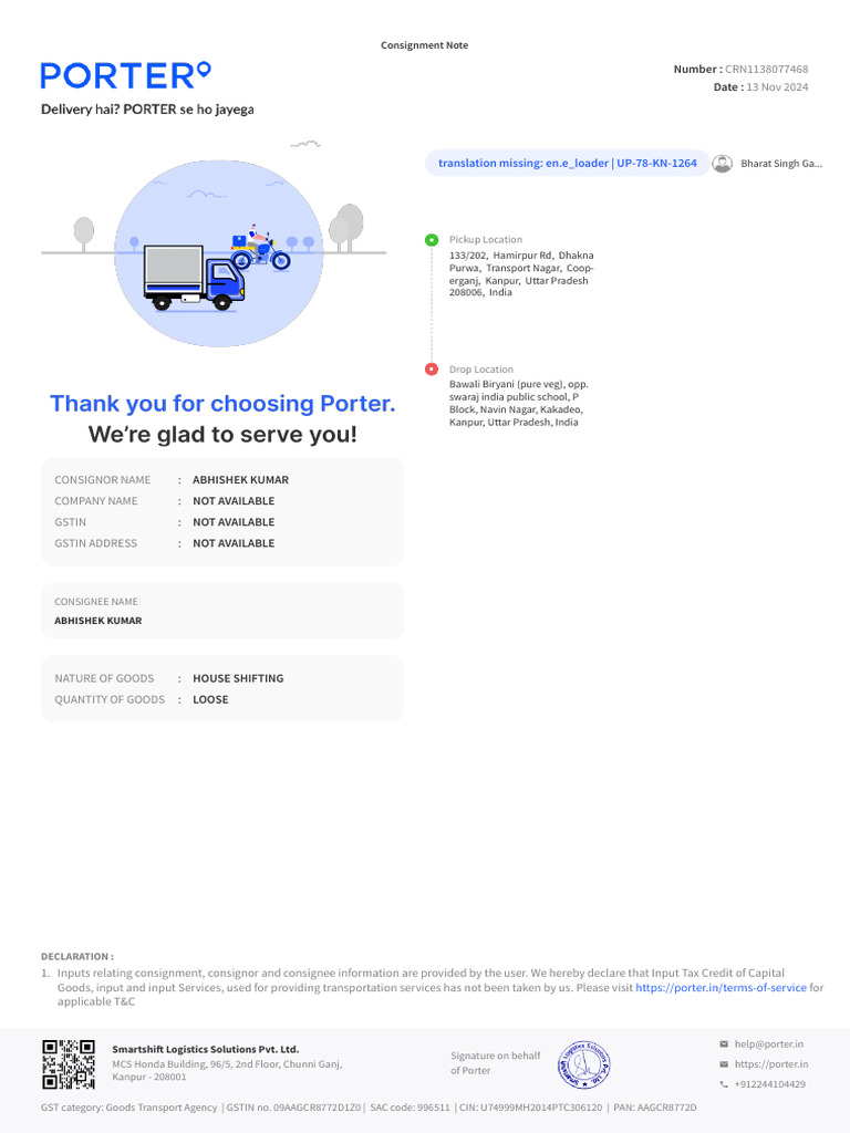 Porter Consignment Note (CRN1138077468) | PDF