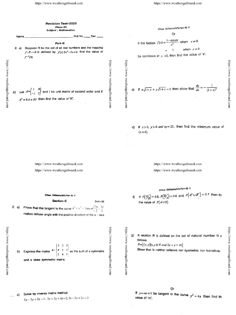 WB Board Class 12 RT Mathematics Part B 2020 | PDF