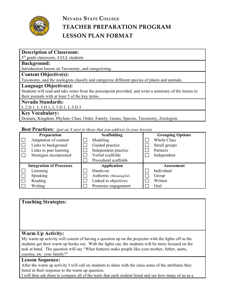 N S C Teacher Preparation Program Lesson Plan Format | Download Free ...