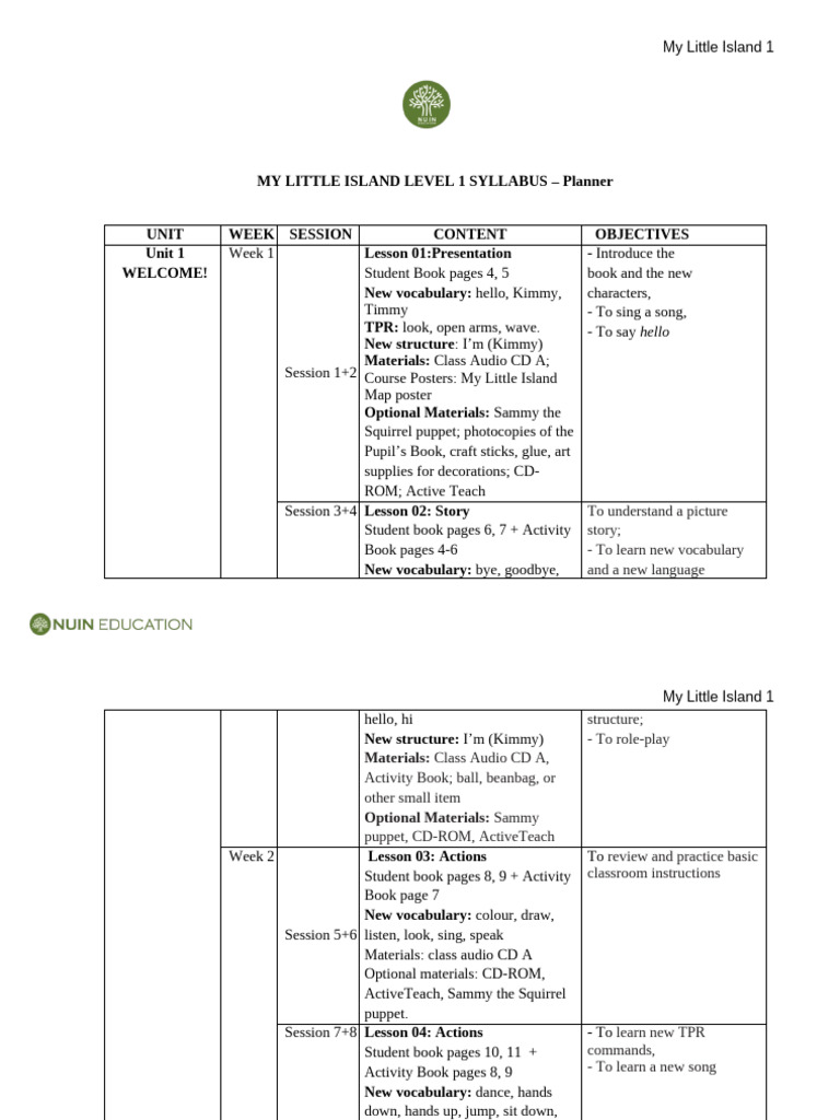 My Little Island Level 1 Syllabus | PDF | Vocabulary | Cd Rom