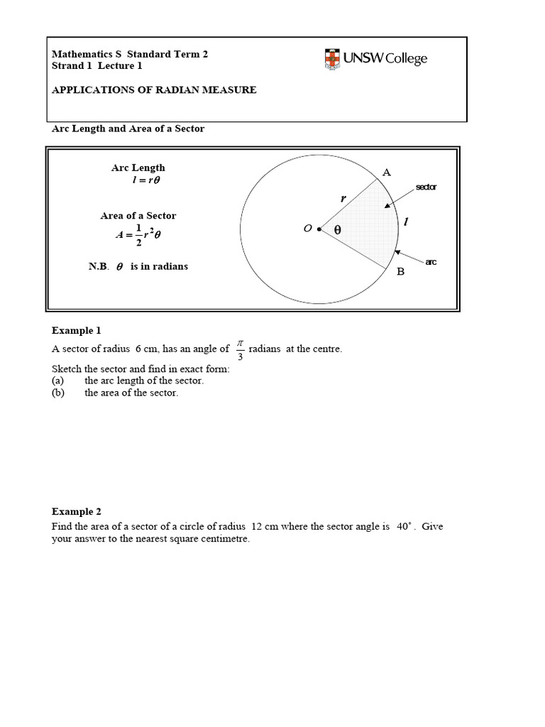 L01 Applications of Radian Measure | PDF | Area | Circle