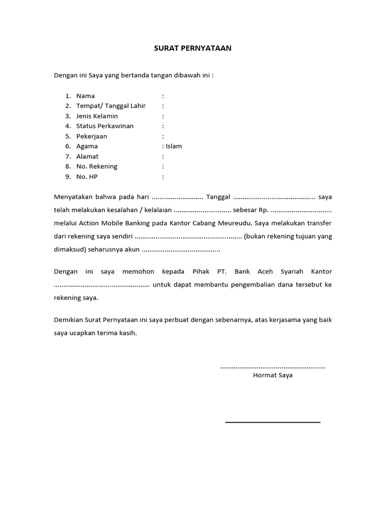 CONTOH SURAT PERNYATAAN Salah TOP UP | PDF