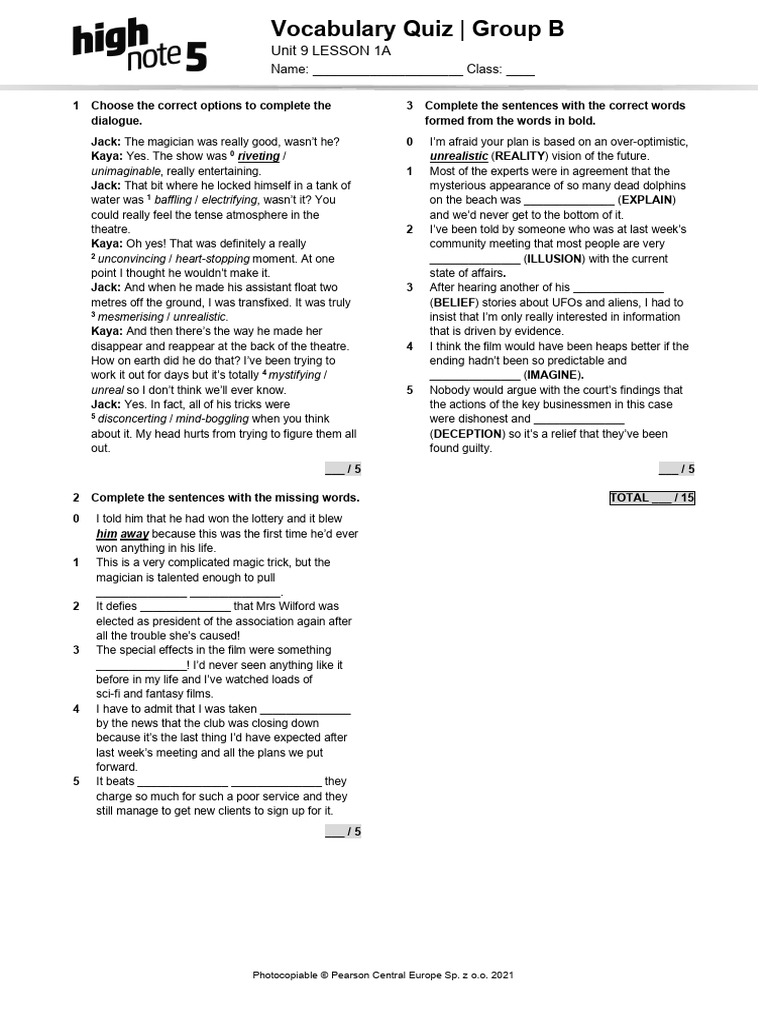 Vocabulary Quiz for Unit 9 Lesson 1A | PDF
