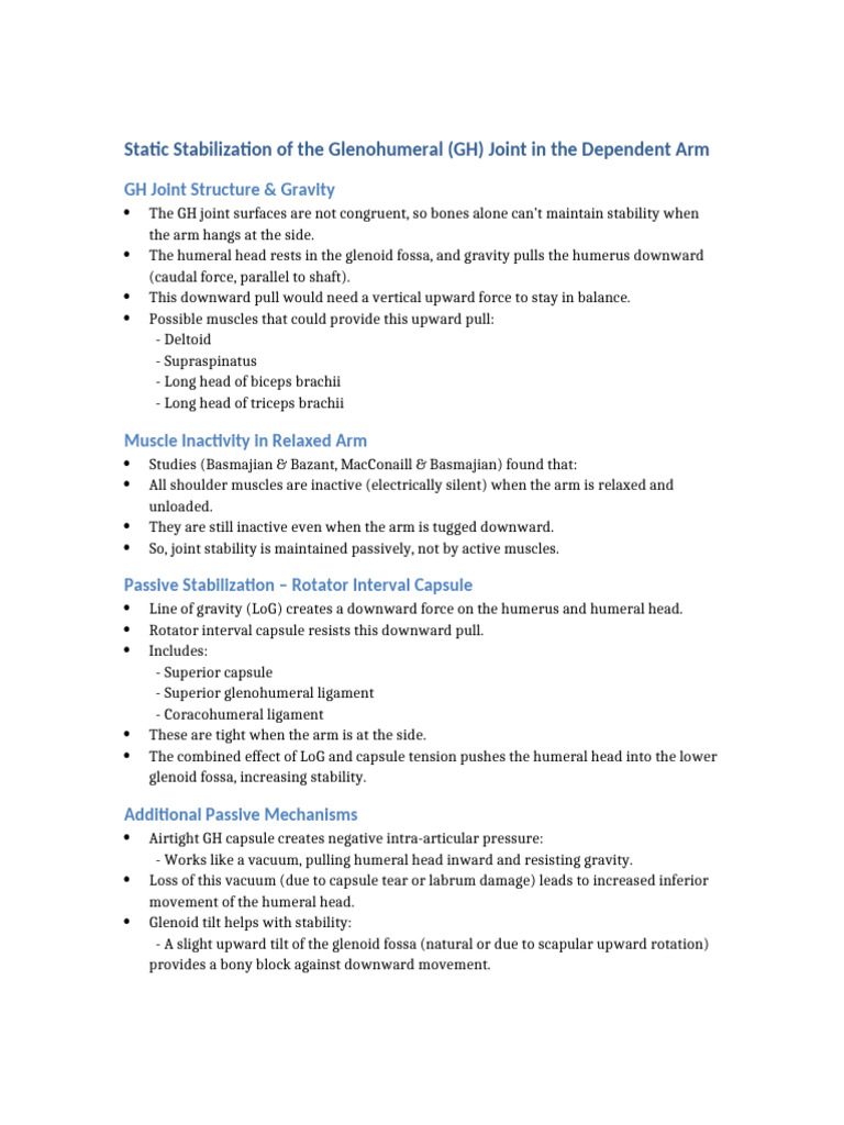 Static_Stabilization_GH_Joint_Notes | PDF | Arm | Musculoskeletal System