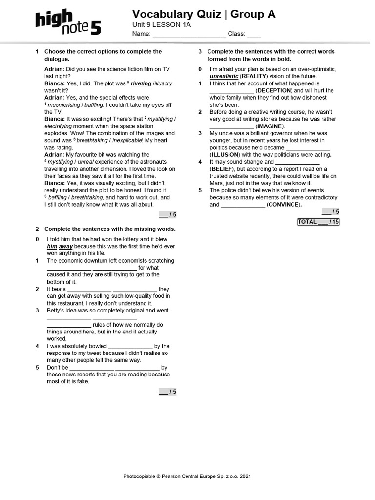 HighNote5 U9A Vocabulary Quiz A | PDF