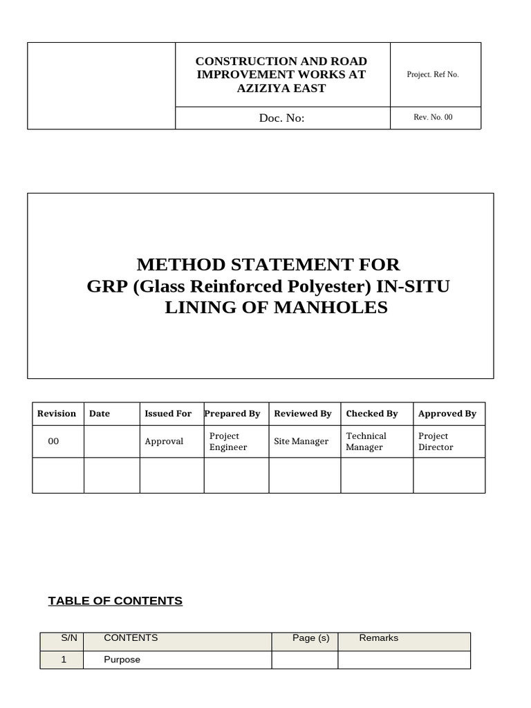 GRP Manhole Lining Method Statement | PDF | Concrete | Fiberglass