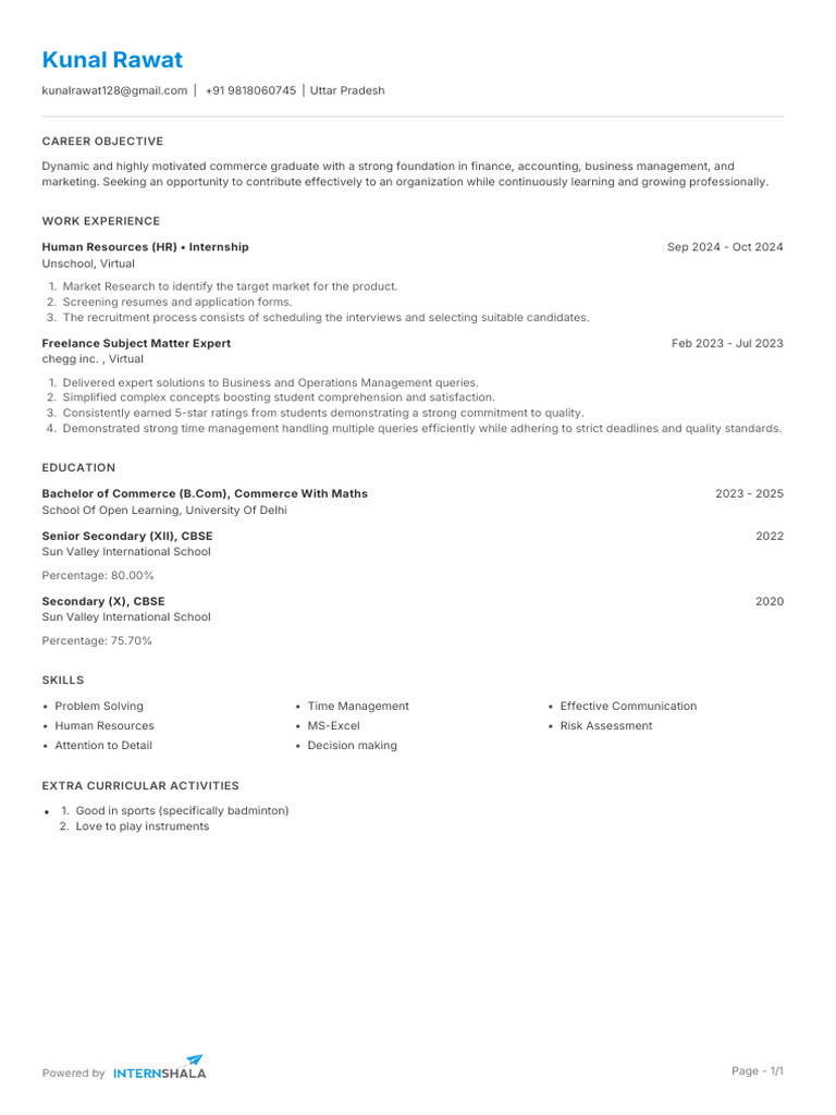 Kunal Rawat: Commerce Graduate Resume | PDF