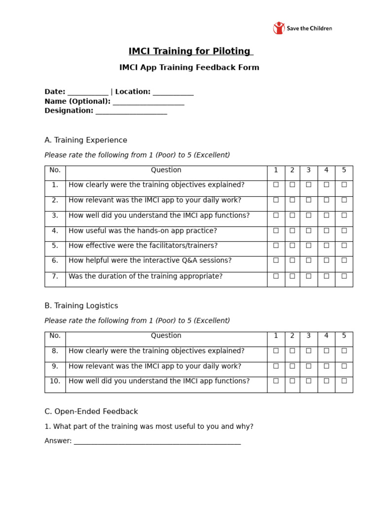 IMCI Training For Piloting - IMCI App Training Feedback Form | PDF