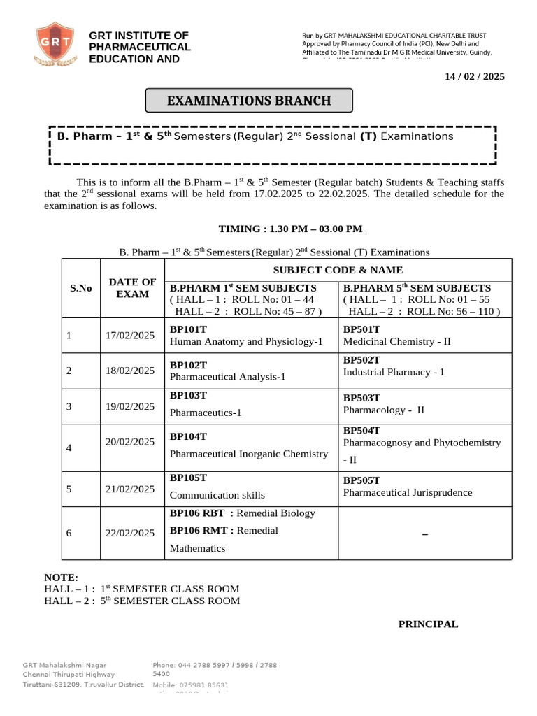 (17-02-2025 TO 22-02-2025) - B PHARM 1st & 5th THEORY SESSIONAL EXAMS CIRCULAR - FOR STUDENTS ...
