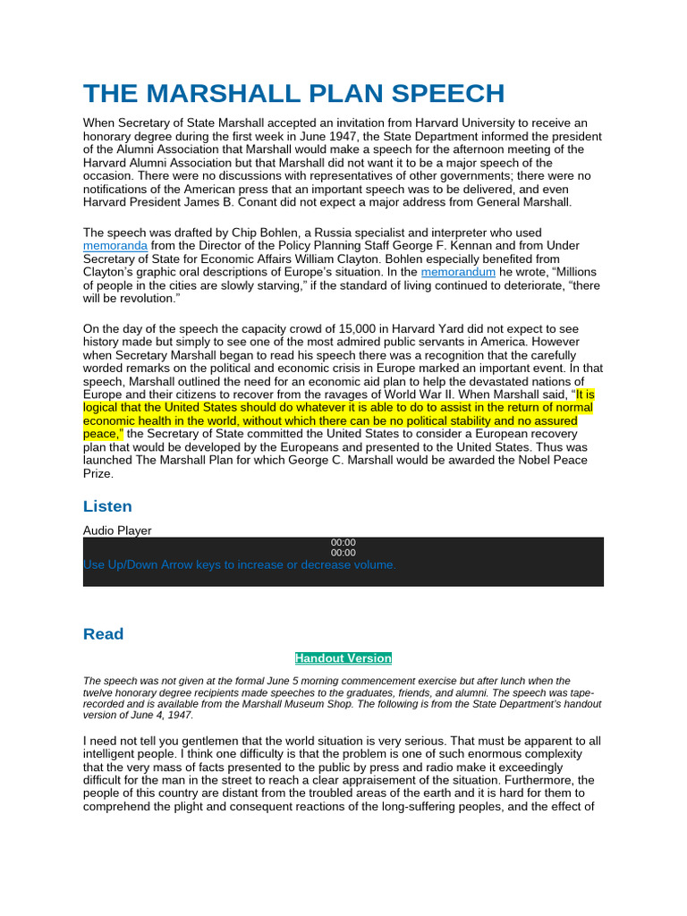 The Marshall Plan Speech: Listen | PDF | Marshall Plan