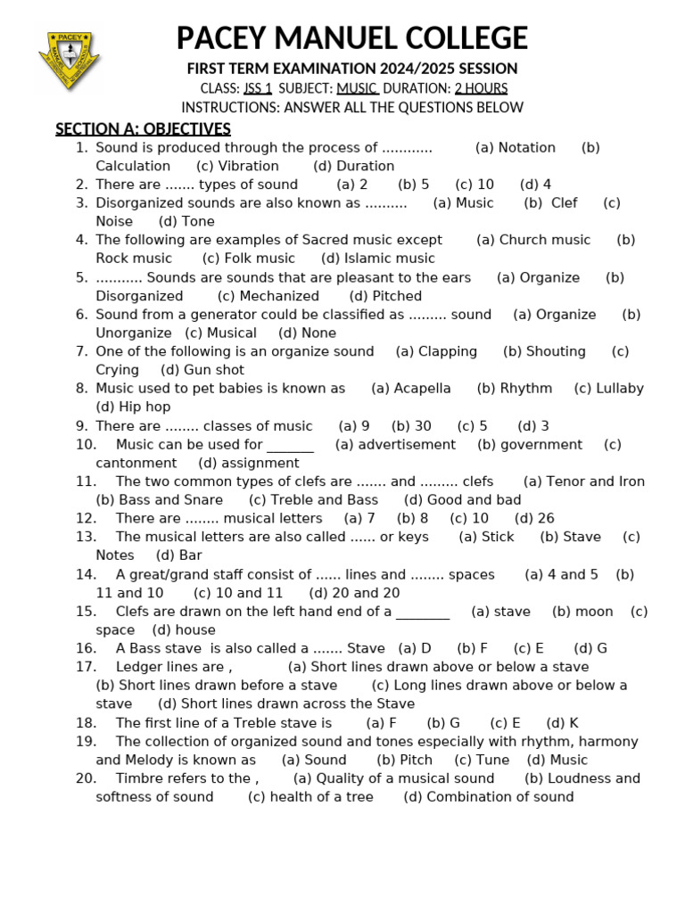 JSS1 Music Exam Questions 2024/2025 | PDF | Interval (Music) | Clef
