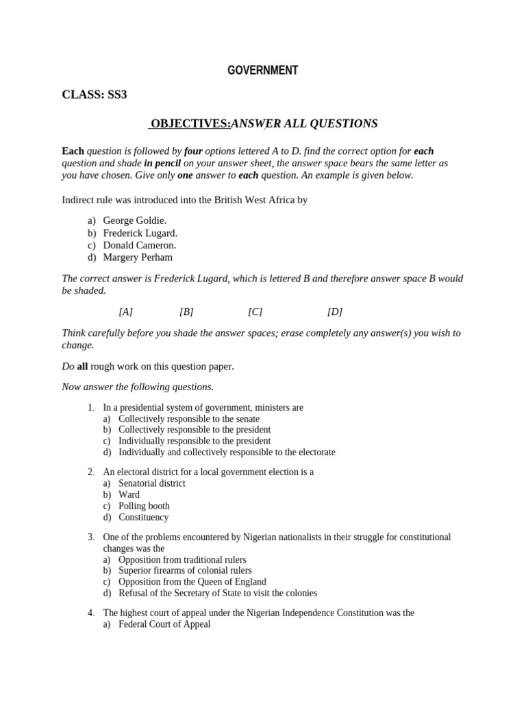 SS3 Government First Term Exam Questions | PDF | Elections | Nigeria